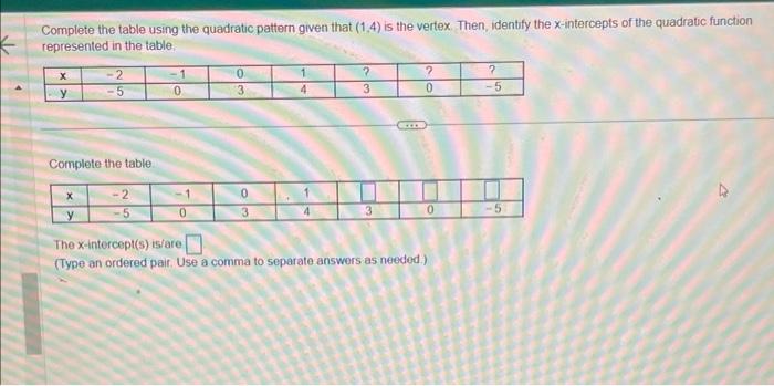 Solved Complete the table using the quadratic pattern given | Chegg.com