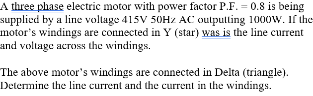 Solved A three phase electric motor with power factor | Chegg.com