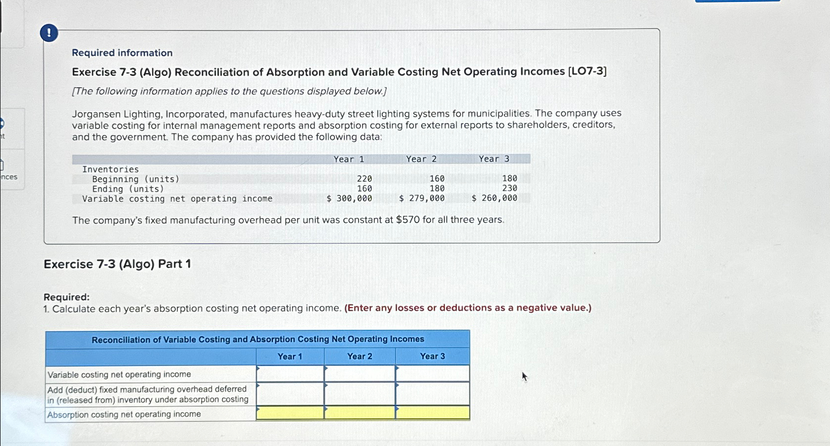Solved !Required informationExercise 7-3 (Algo) | Chegg.com