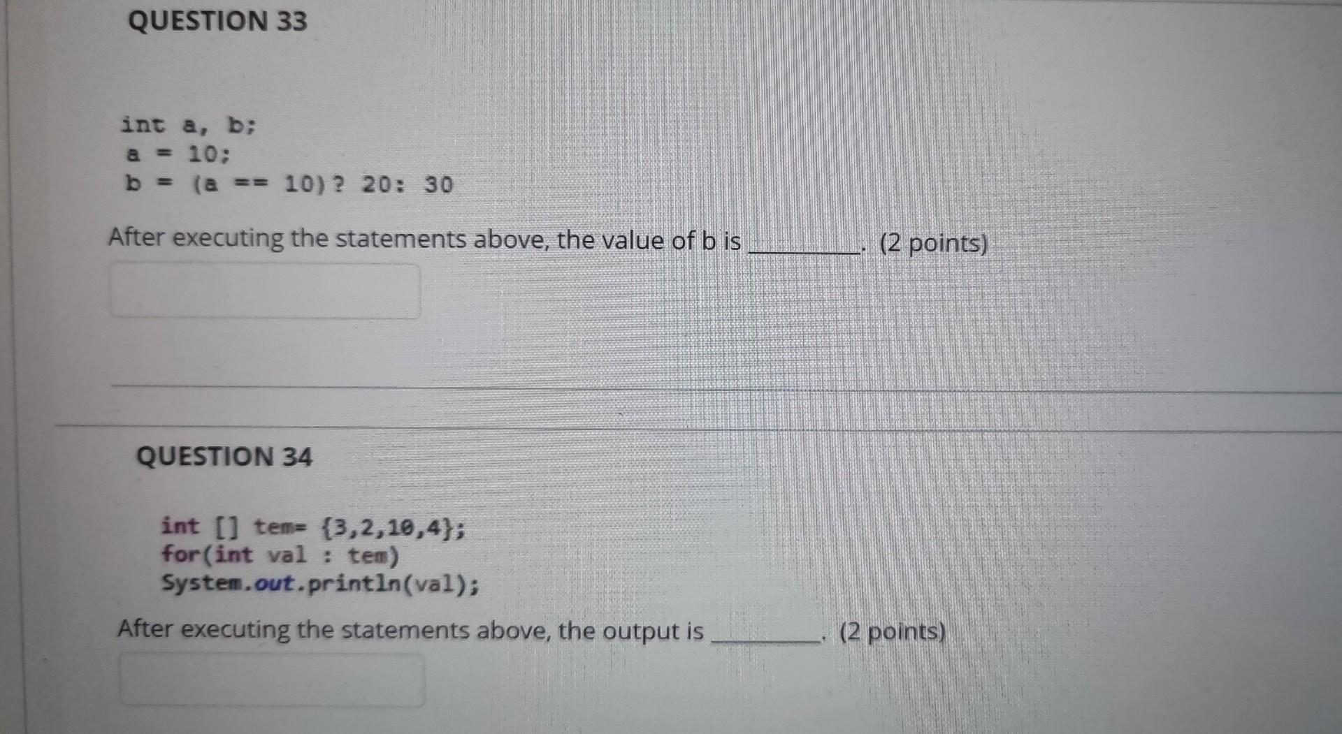 Solved int a,b; a=10; b=(a==10)?20:30 After executing the | Chegg.com