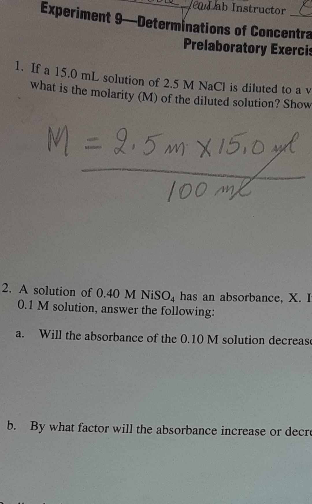 Solved leaLab Instructor Experiment 9-Determinations of | Chegg.com
