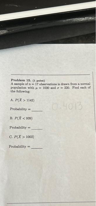 Solved Problem 15. (1 point) A sample of n = 17 observations | Chegg.com