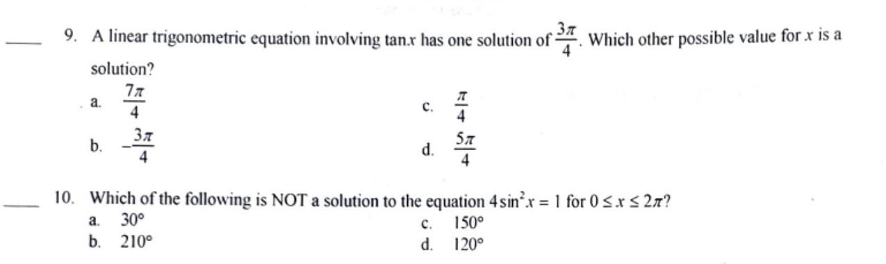 Solved 9. A linear trigonometric equation involving tan x | Chegg.com