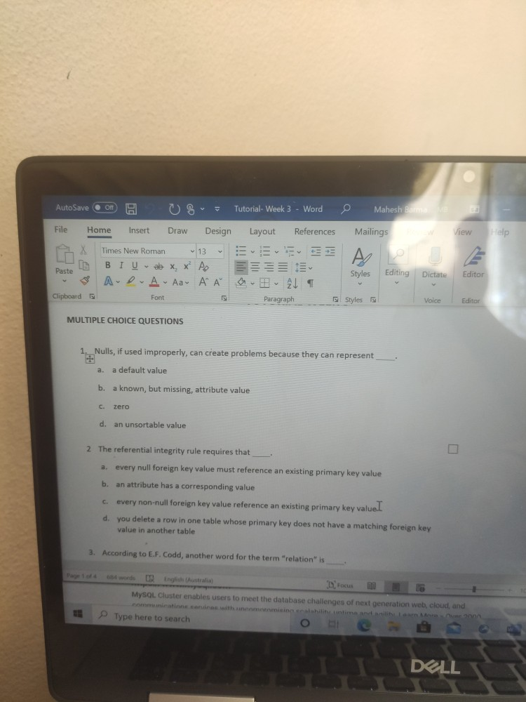 Solved AutoSave Off H Tutorial- Week 3 - Word Mahesh Bar | Chegg.com