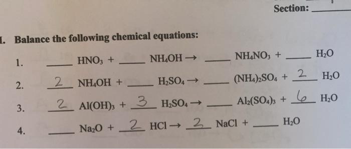 Solved Section: 1. Balance the following chemical equations: | Chegg.com
