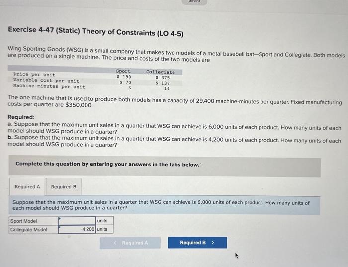 Solved Exercise 4-47 (Static) Theory of Constraints (LO 4-5) | Chegg.com