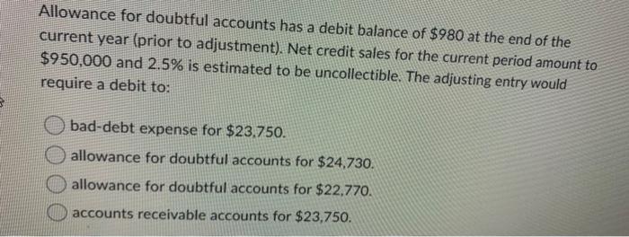 Solved Allowance for doubtful accounts has a debit balance | Chegg.com