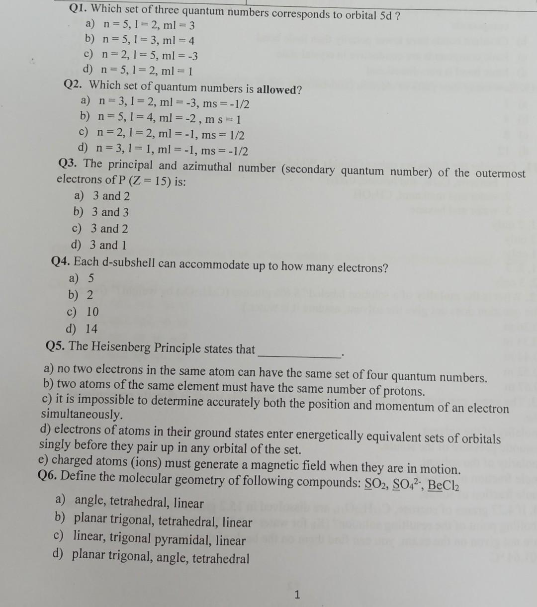 Solved Q1. Which set of three quantum numbers corresponds to | Chegg.com