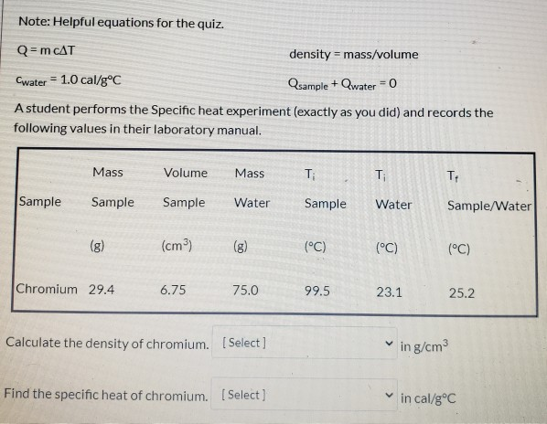 Solved Note: Helpful equations for the quiz. Q=m CAT density | Chegg.com