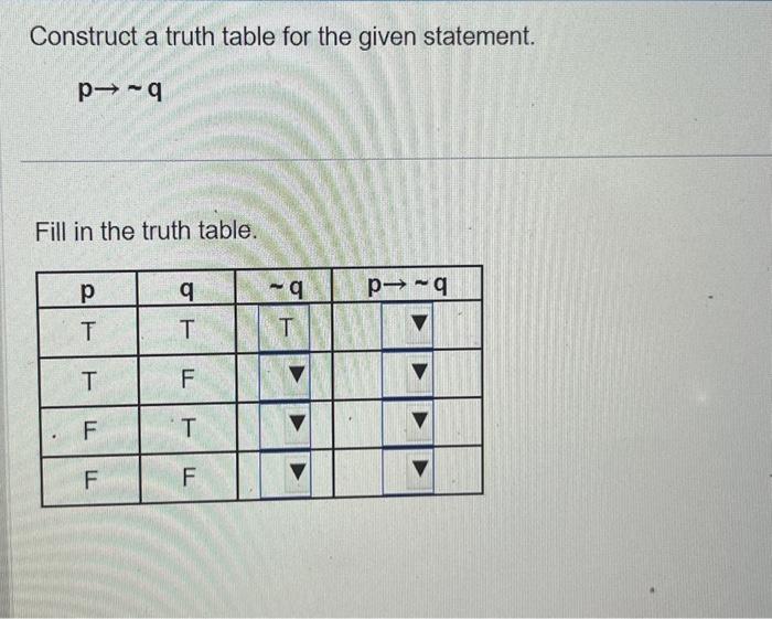 Solved Construct A Truth Table For The Given Statement P→∼q