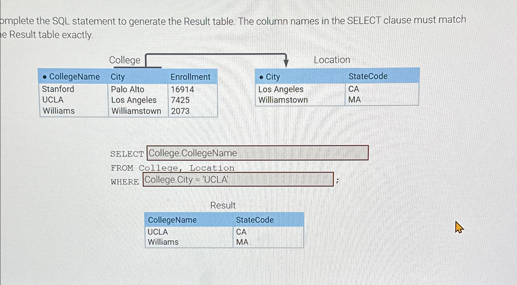 Solved omplete the SQL statement to generate the Result | Chegg.com