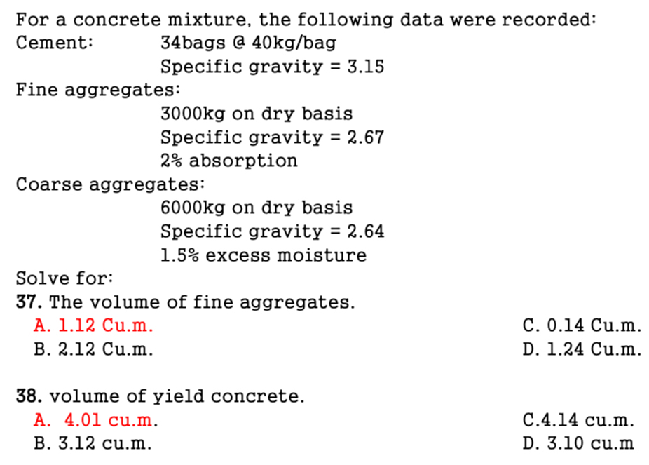 Solved For a concrete mixture, the following data were | Chegg.com