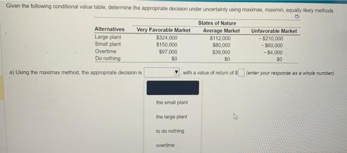 Solved A-Using the maximax method?B-Using the maximin | Chegg.com