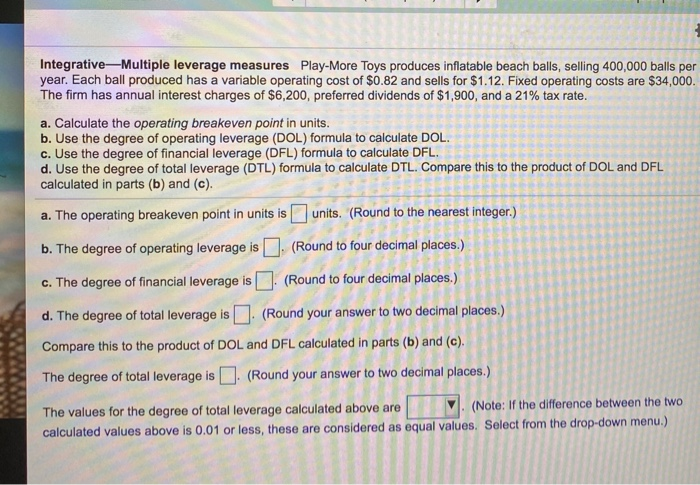 Solved Integrative-Multiple leverage measures Play-More Toys | Chegg.com