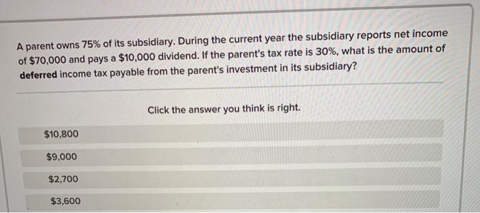 Solved A parent owns 75% of its subsidiary. During the | Chegg.com