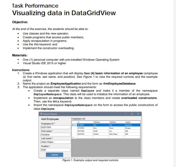 Task Performance Visualizing data in DataGridView | Chegg.com