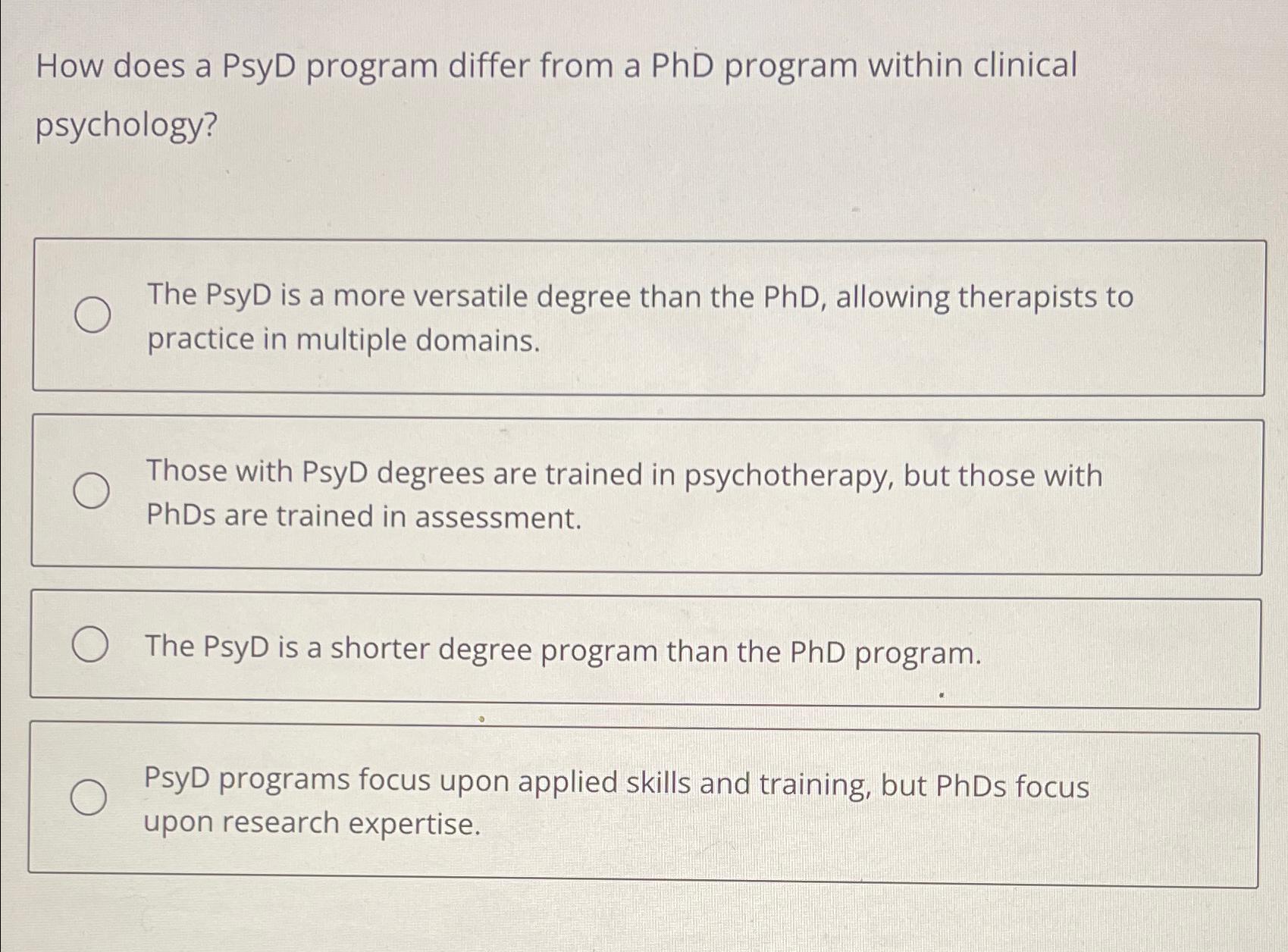 Solved How does a PsyD program differ from a PhD program | Chegg.com