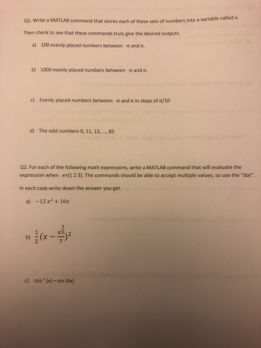 Solved Q1 Write A Matlab Command That Stores Each Of These 6874