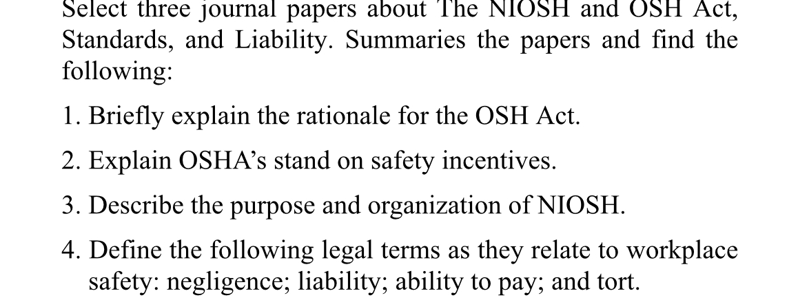 Solved Select three journal papers about The NIOSH and OSH | Chegg.com