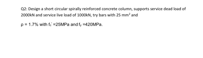 Solved Q2: Design a short circular spirally reinforced | Chegg.com
