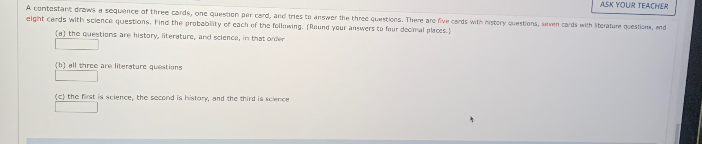 Solved A contestant draws a sequence of three cards, one | Chegg.com