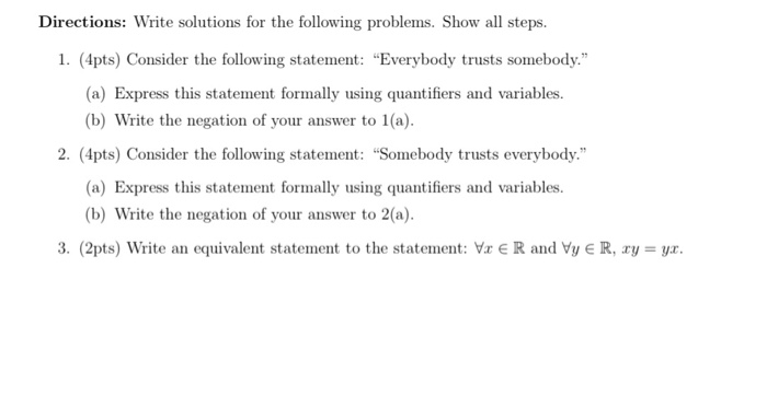 Solved Directions: Write solutions for the following | Chegg.com