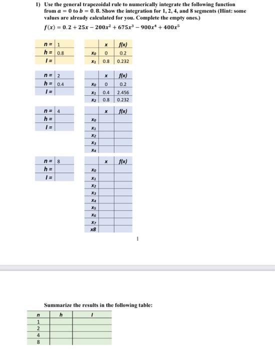 Solved 1) Use the general trapezoidal rule to numerically | Chegg.com