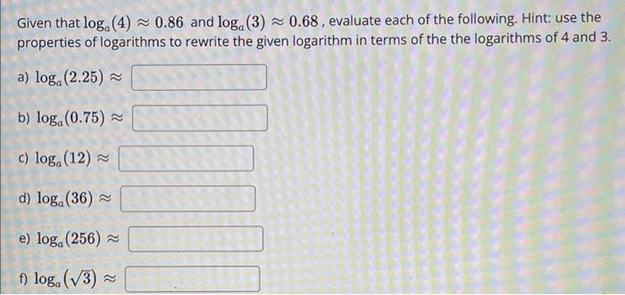 Solved Given that log (4)≈ 0.86 and log, (3)≈ 0.68, evaluate | Chegg.com