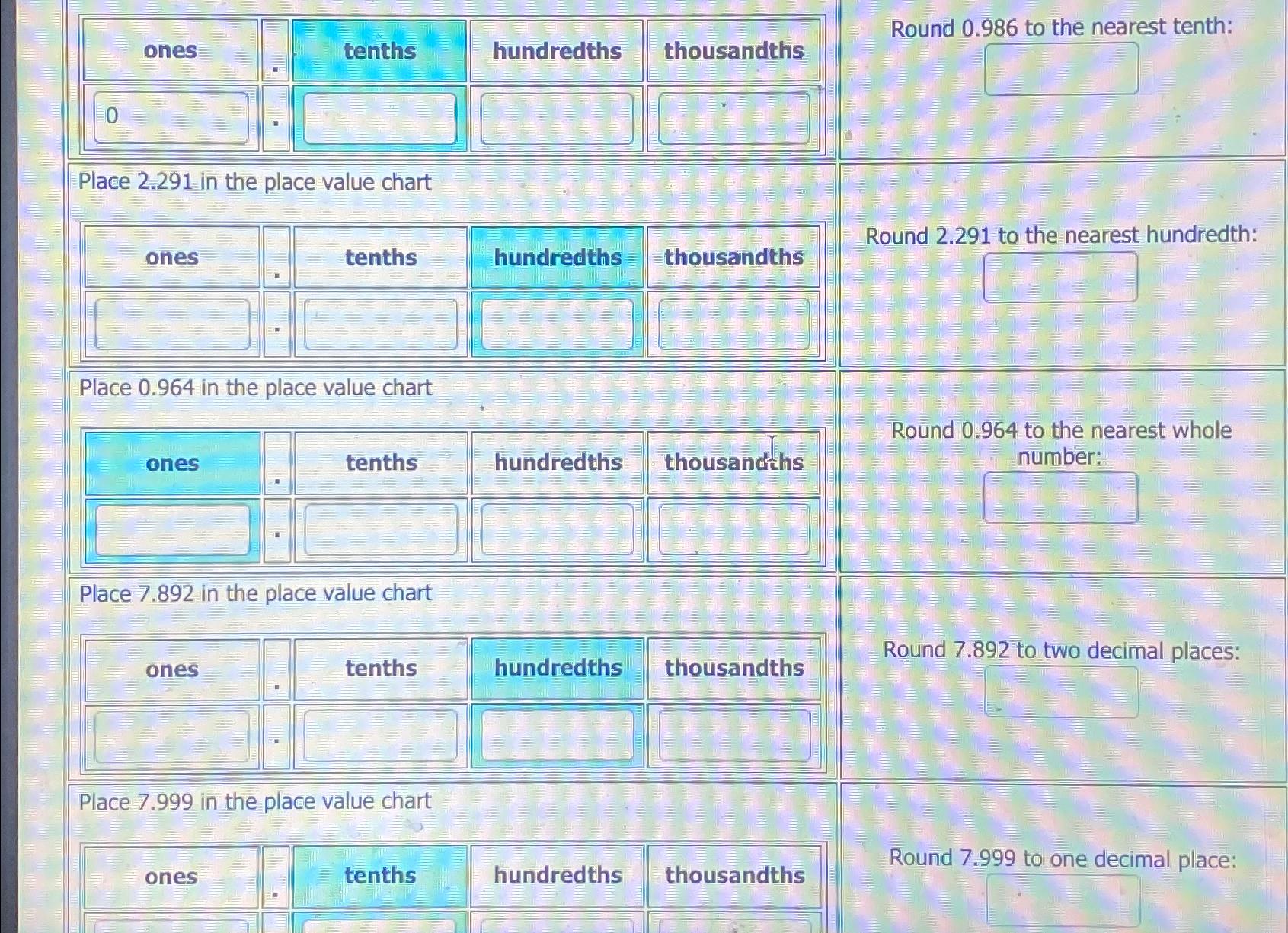 Solved \table[[ones,tenths,hundredths]]Round 0.986 ﻿to the | Chegg.com