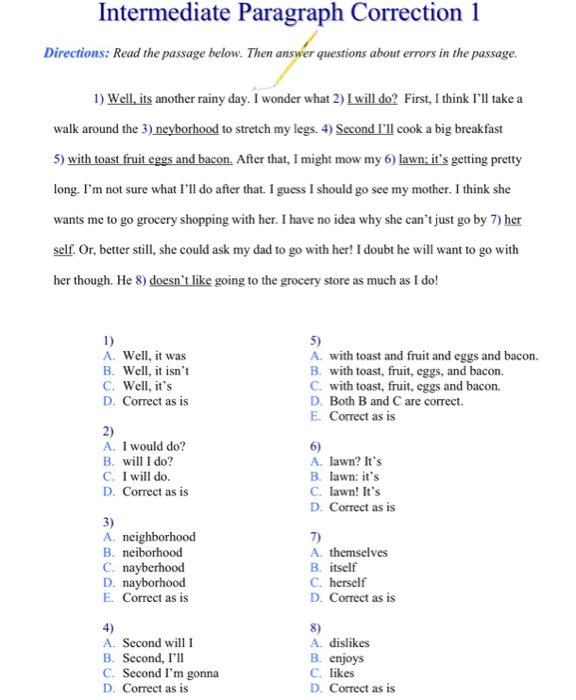 Intermediate Paragraph Correction 1 Directions: Read | Chegg.com