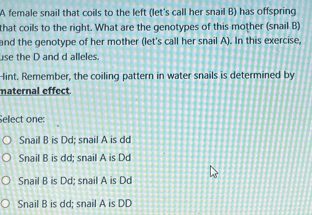 Solved A fernale snail that coils to the left (let's call | Chegg.com