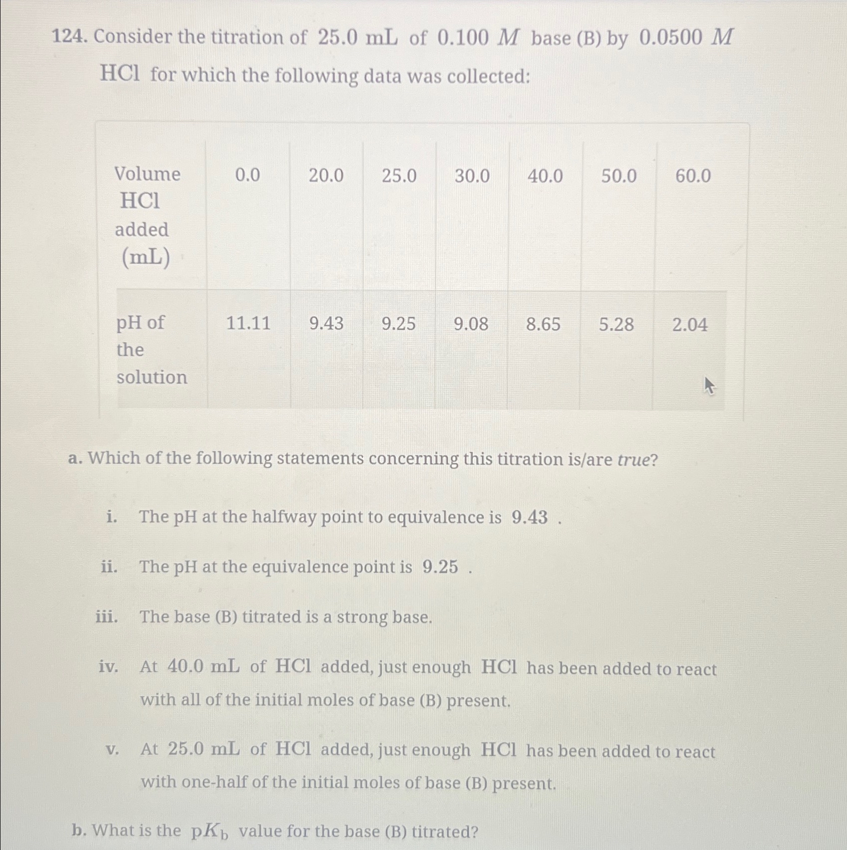 Solved Consider the titration of 25.0mL ﻿of 0.100M ﻿base (B) | Chegg.com