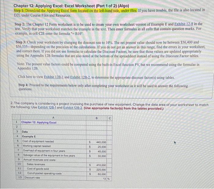 Chapter 12: Applying Excel: Excel Worksheet (Part 1 | Chegg.com
