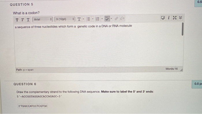 0.5 QUESTION 5 What is a codon? TTT Arial 3 (12pt) • | Chegg.com