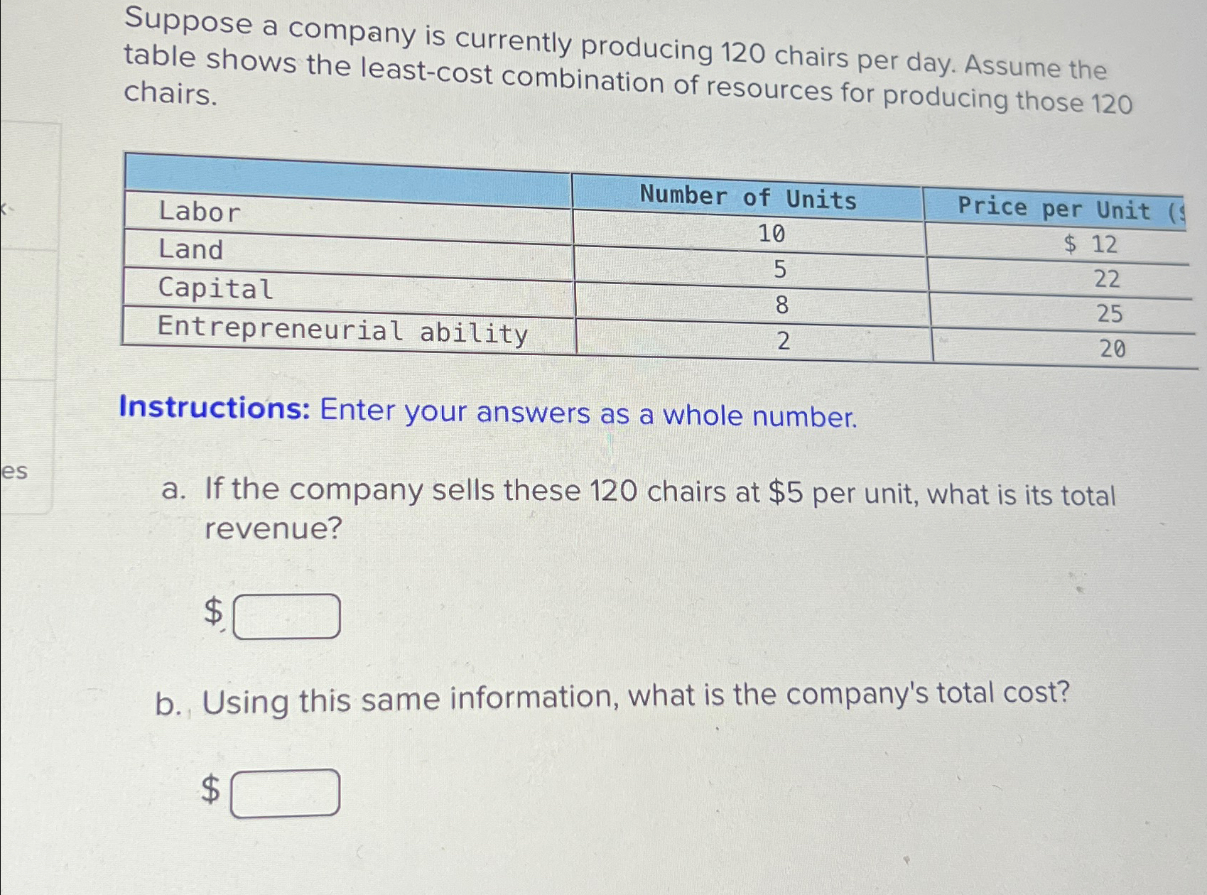 Solved Suppose a company is currently producing 120 ﻿chairs | Chegg.com