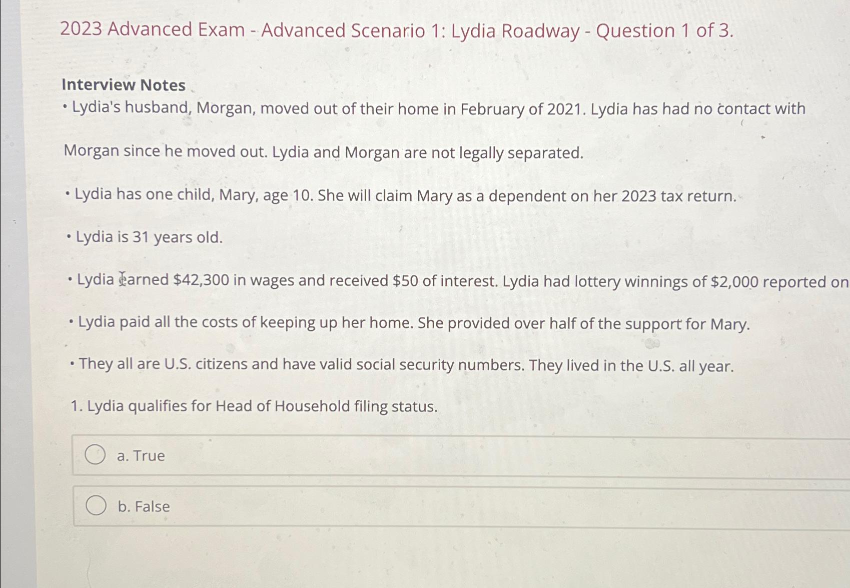 Solved 2023 ﻿Advanced Exam - ﻿Advanced Scenario 1: Lydia | Chegg.com