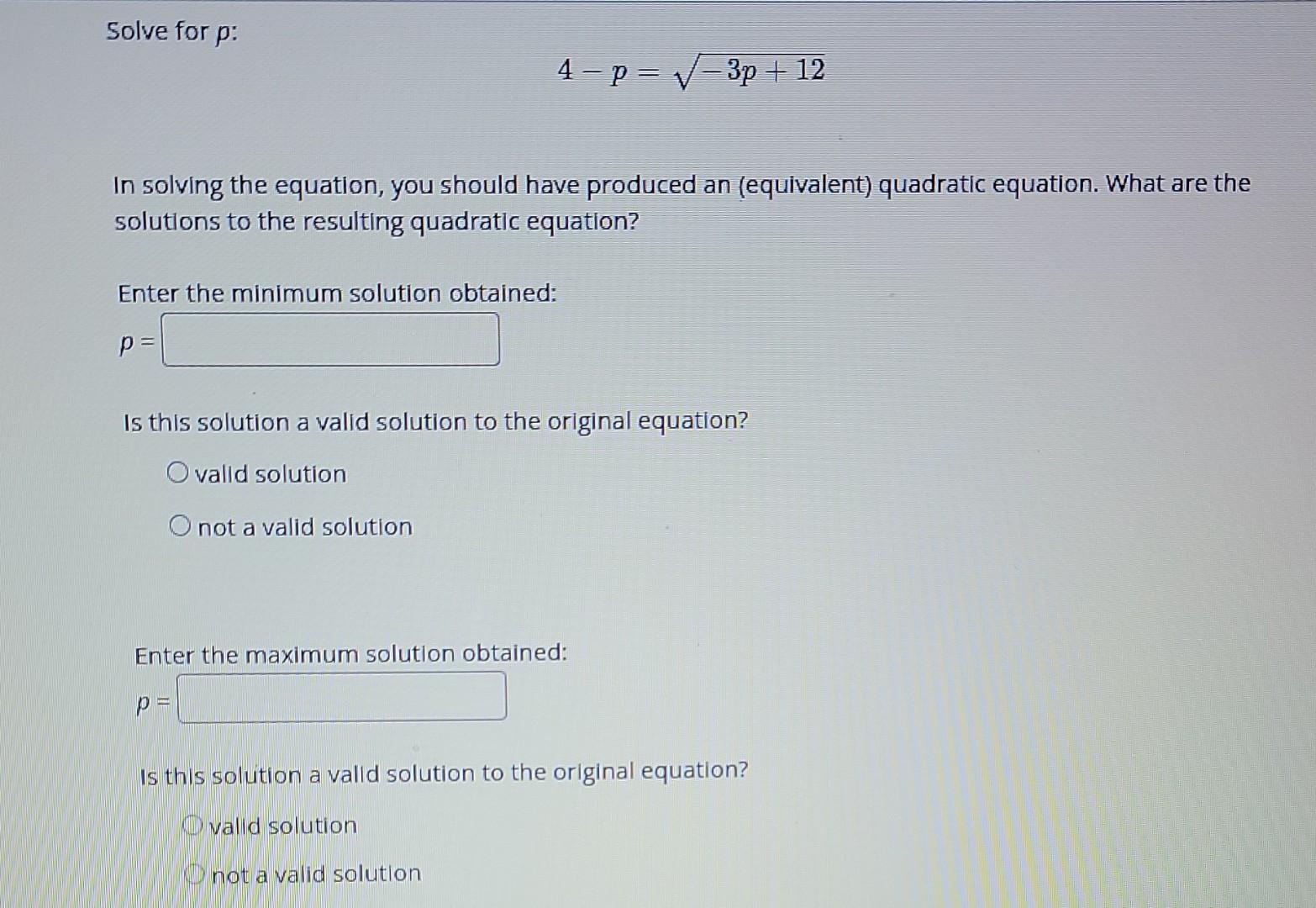 Solved Solve for p 4-p= v=3p + 12 In solving the equation, | Chegg.com