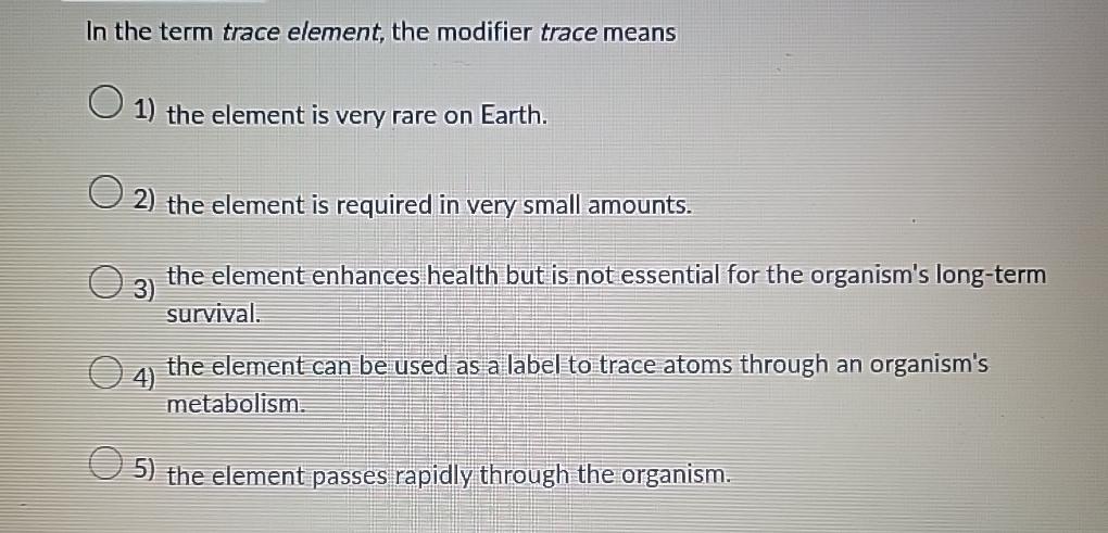 Solved In the term trace element, the modifier trace | Chegg.com