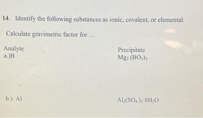 Solved 14. Identify the following substances as ionic, | Chegg.com