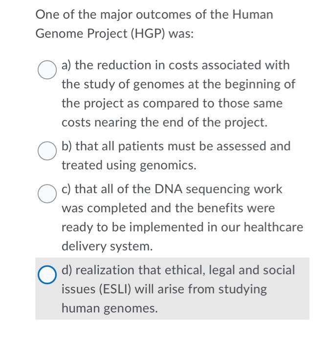 One of the major outcomes of the Human Genome Project | Chegg.com