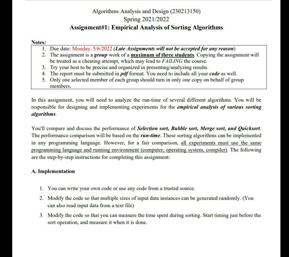 Solved Algorithms Analysis and Design (230213150) Spring | Chegg.com