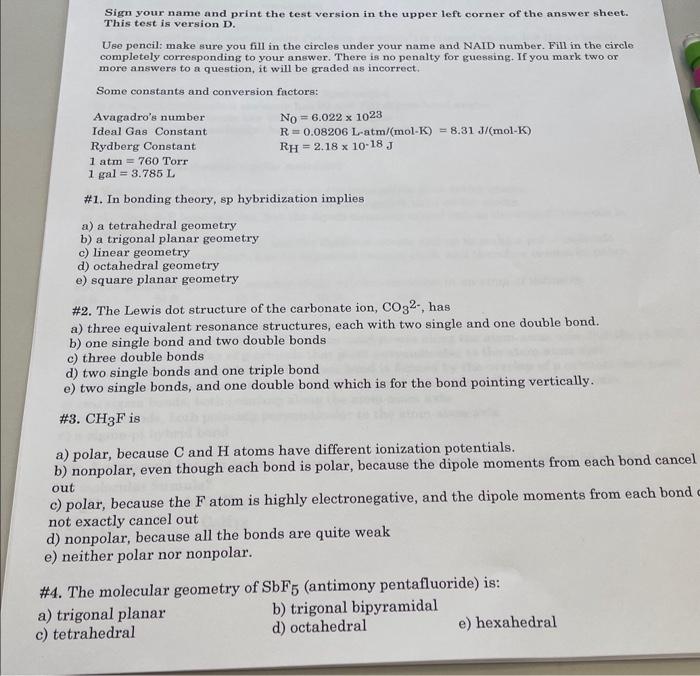 Solved Sign your name and print the test version in the | Chegg.com