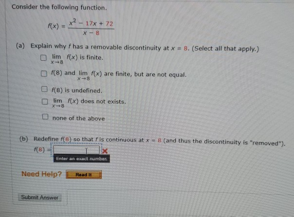 Solved Consider the following function. x2 - 17x + 72 X-8 | Chegg.com