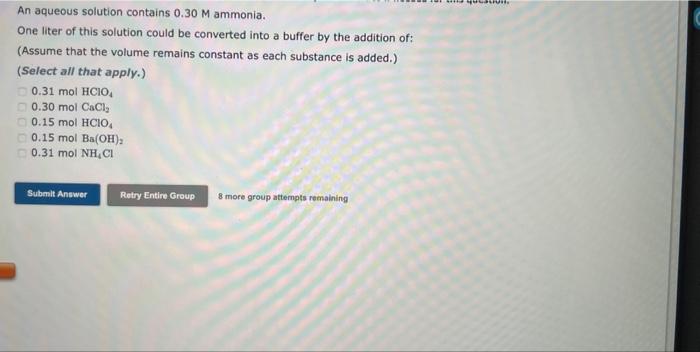 Solved An aqueous solution contains 0.30M ammonia. One iiter | Chegg.com