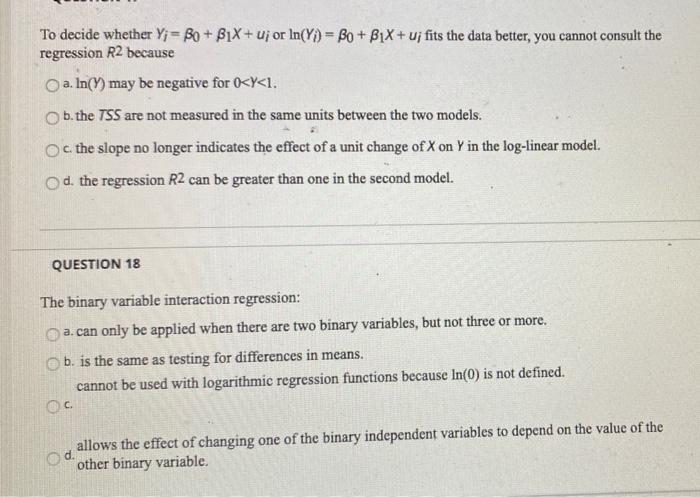 Solved To decide whether Y;=B0 + B1X+U; or ln(Y) = Bo + B1X | Chegg.com