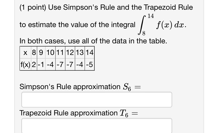 Solved (1 ﻿point) ﻿Use Simpson's Rule and the Trapezoid | Chegg.com