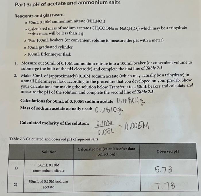 Solved Part 3: pH of acetate and ammonium salts Reagents and | Chegg.com