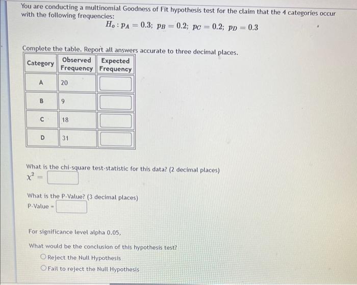 Solved You are conducting a multinomial Goodness of Fit | Chegg.com