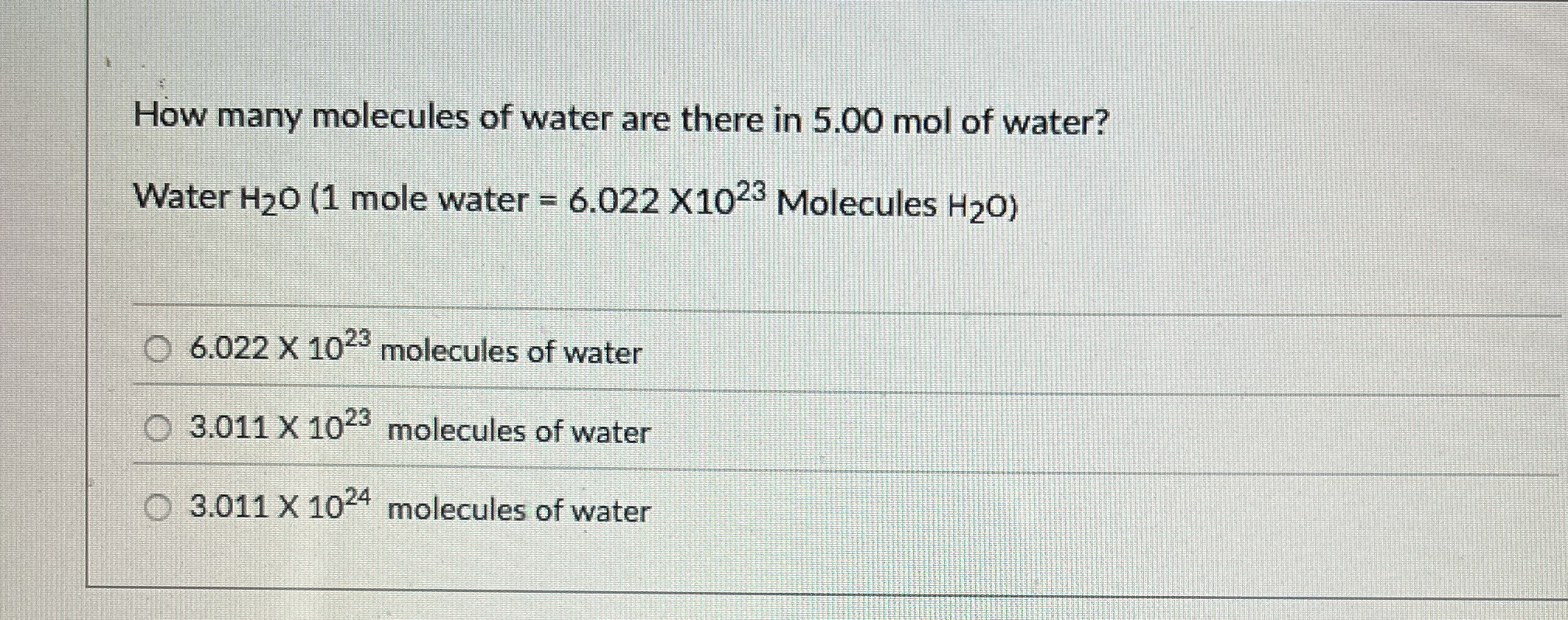 Solved How many molecules of water are there in 5.00 ﻿mol of | Chegg.com
