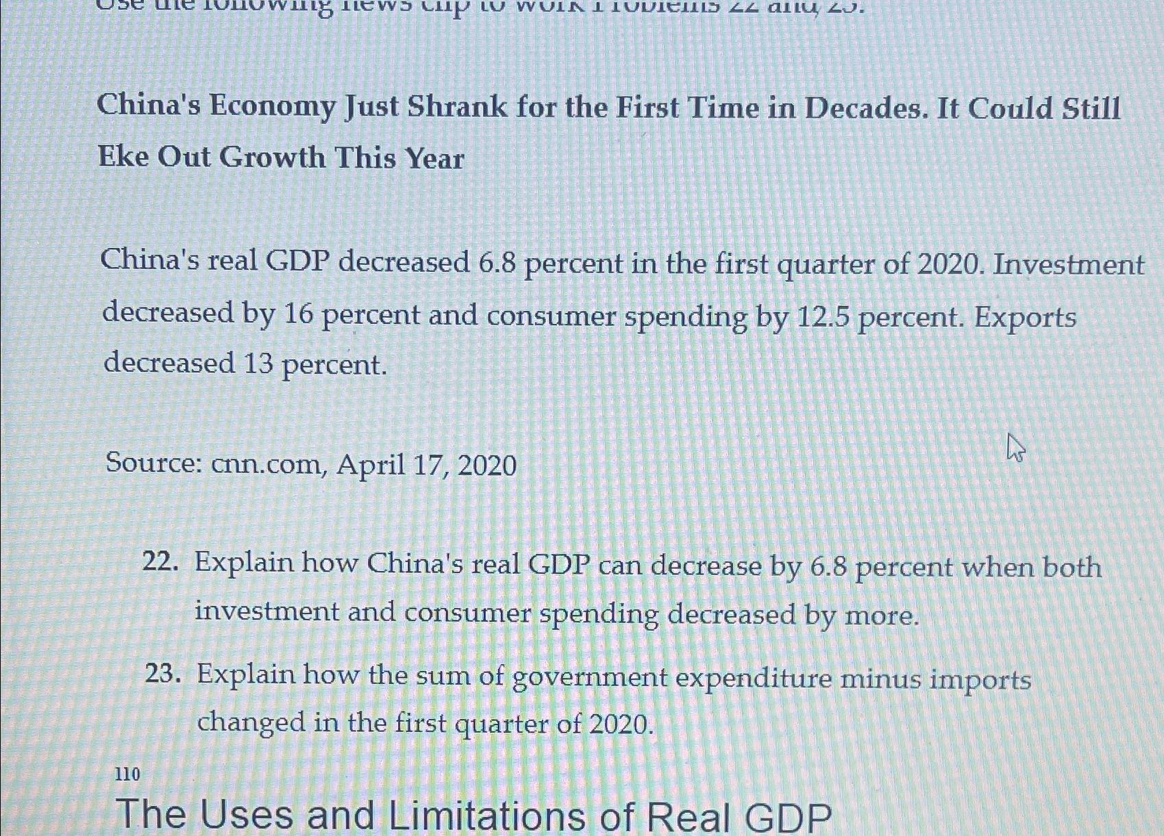 Solved China's Economy Just Shrank for the First Time in | Chegg.com